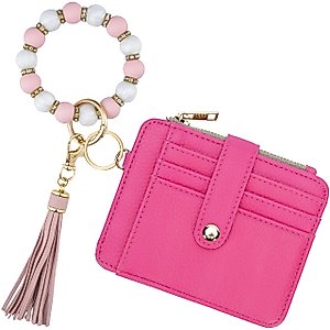 ANHBKAR Keychain Wristlet Wallet, Keychain Wallet Pocket Credit Card Holder Slim, Silicone Beads Wristlet Wallets for Women (PINK)