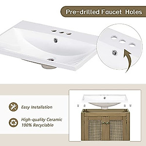 PEIHONGET 24" Bathroom Vanity with Ceramic Basin, Rattan Bathroom Storage Cabinet with Two Doors and Drawer, Freestanding Bath Vanity Cabinet Soft Closing, Solid Wood Frame (Natural)