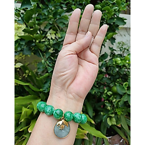 Heavens Tvcz Natural Green Jade Round 14 mm Gems Healing Energy Real Bracelet Bangle for Women Charms with Pendant Jade Coin Donut Money Powerful Thai Prosperity Success, Elastic Rope Inner Lenth