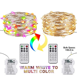 Ariceleo 4 Packs Warm White & Multi-Color Battery Operated String Lights, 5M/16.4ft. 50 LEDs Remote Control Timer 12 Modes Optional Twinkle Battery Powered Fairy Lights Sliver Wire Firefly Lights