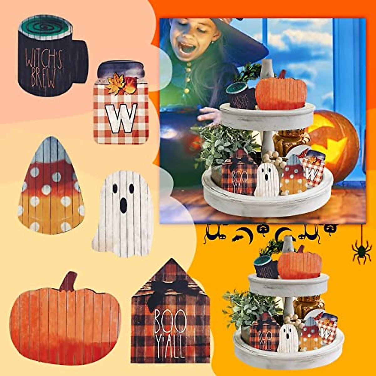 6 Pcs Halloween Tiered Tray Decorations,Halloween Signs for Halloween Home and Office Decor,Halloween Tray Decor with Witch Hat,Ghost,Bat,Tombstone,Pumpkin (6)