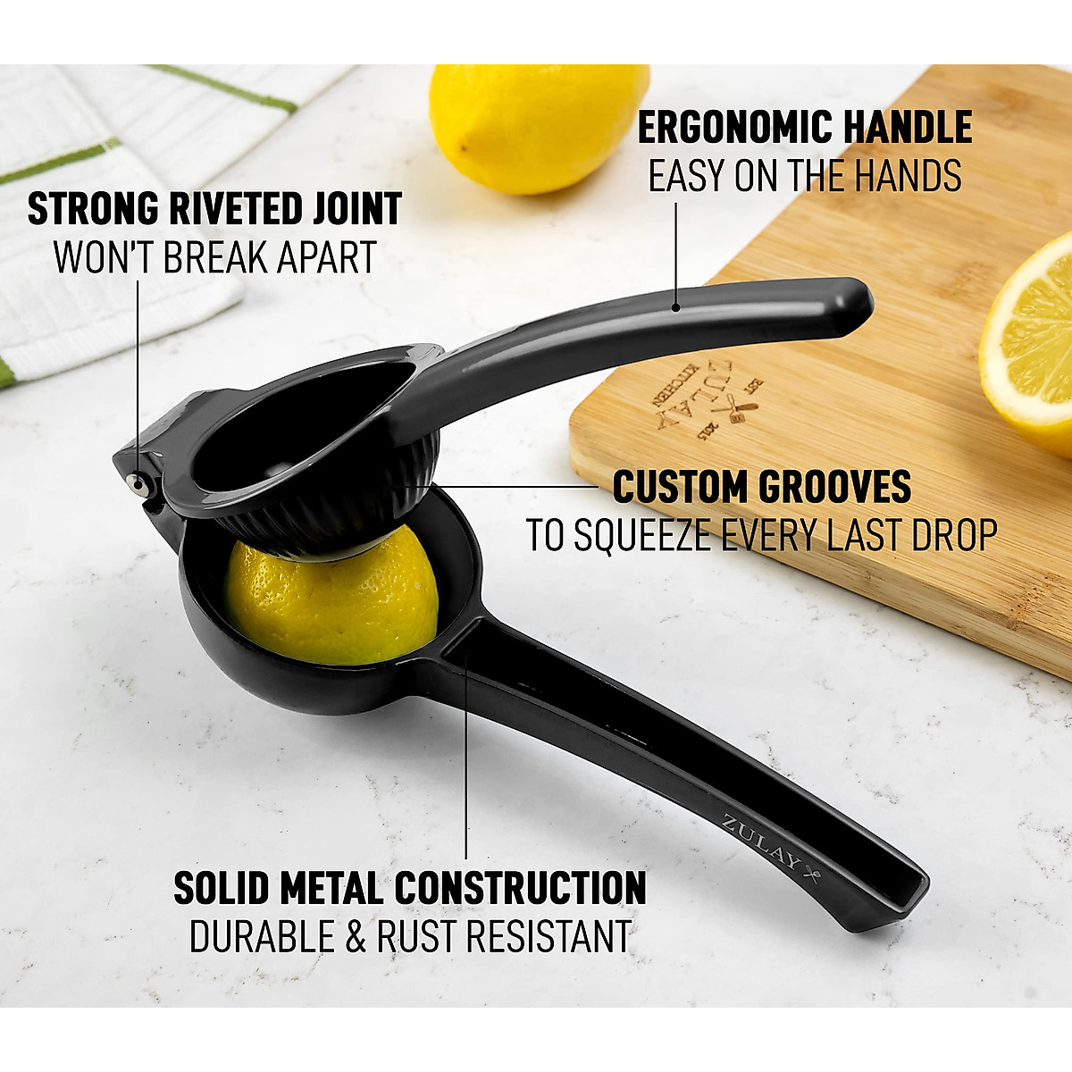 Zulay Premium Quality Metal Lemon Squeezer, Citrus Juicer, Manual Press for Extracting the Most Juice Possible - Black