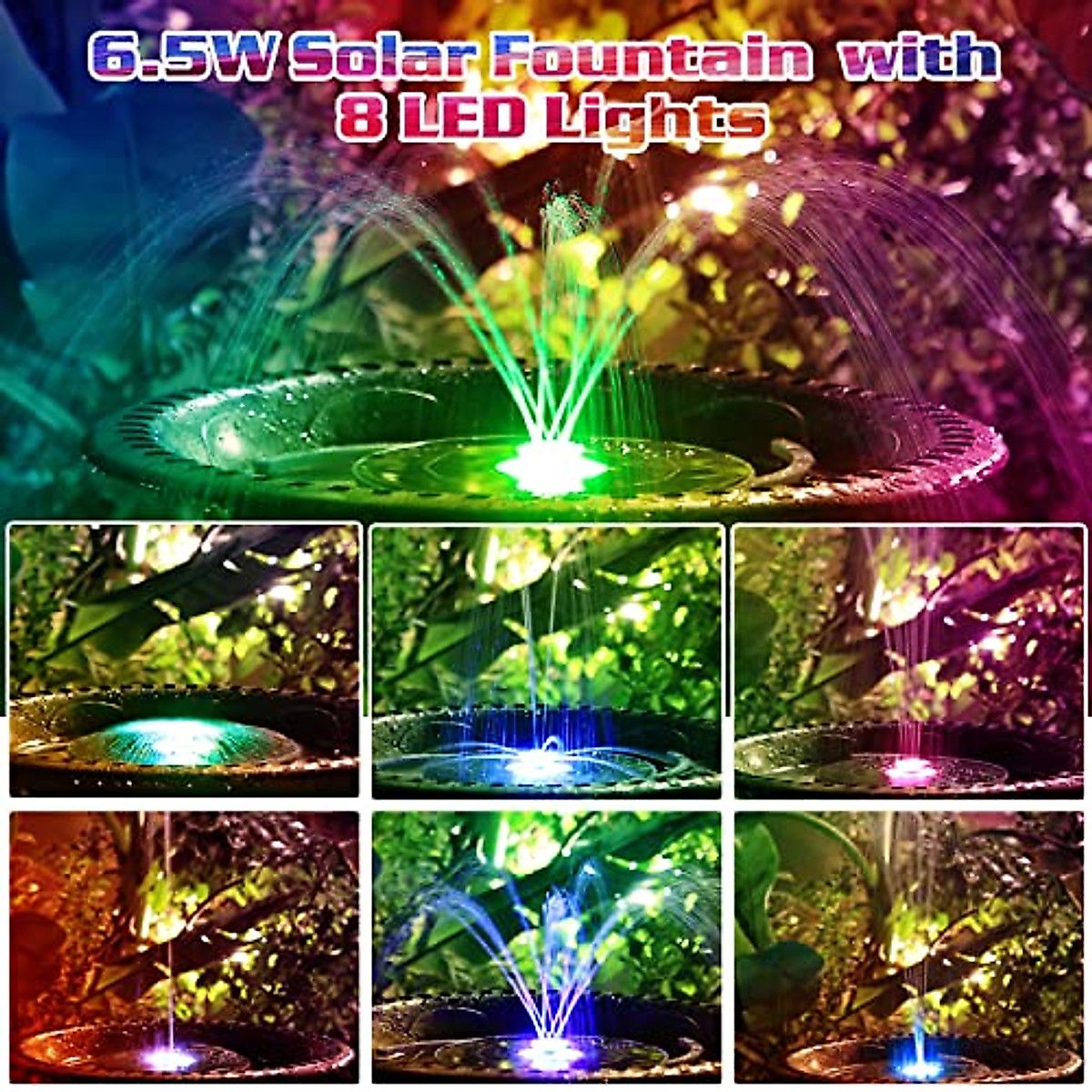 AISITIN 6.5W Solar Fountain with LED Colorful Lights & 3000mAh Battery, Solar Bird Bath Fountain Pump with Fixed Bracket and Multiple Nozzle, Solar Water Fountain Pump for Garden, Pond and Outdoor