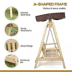 Outsunny Wooden Porch Swing Bench, 2-Seater Outdoor Swing Glider with Adjustable Canopy, Adjustable Hanging Chains, A-Frame, for Garden, Poolside, Backyard, Brown