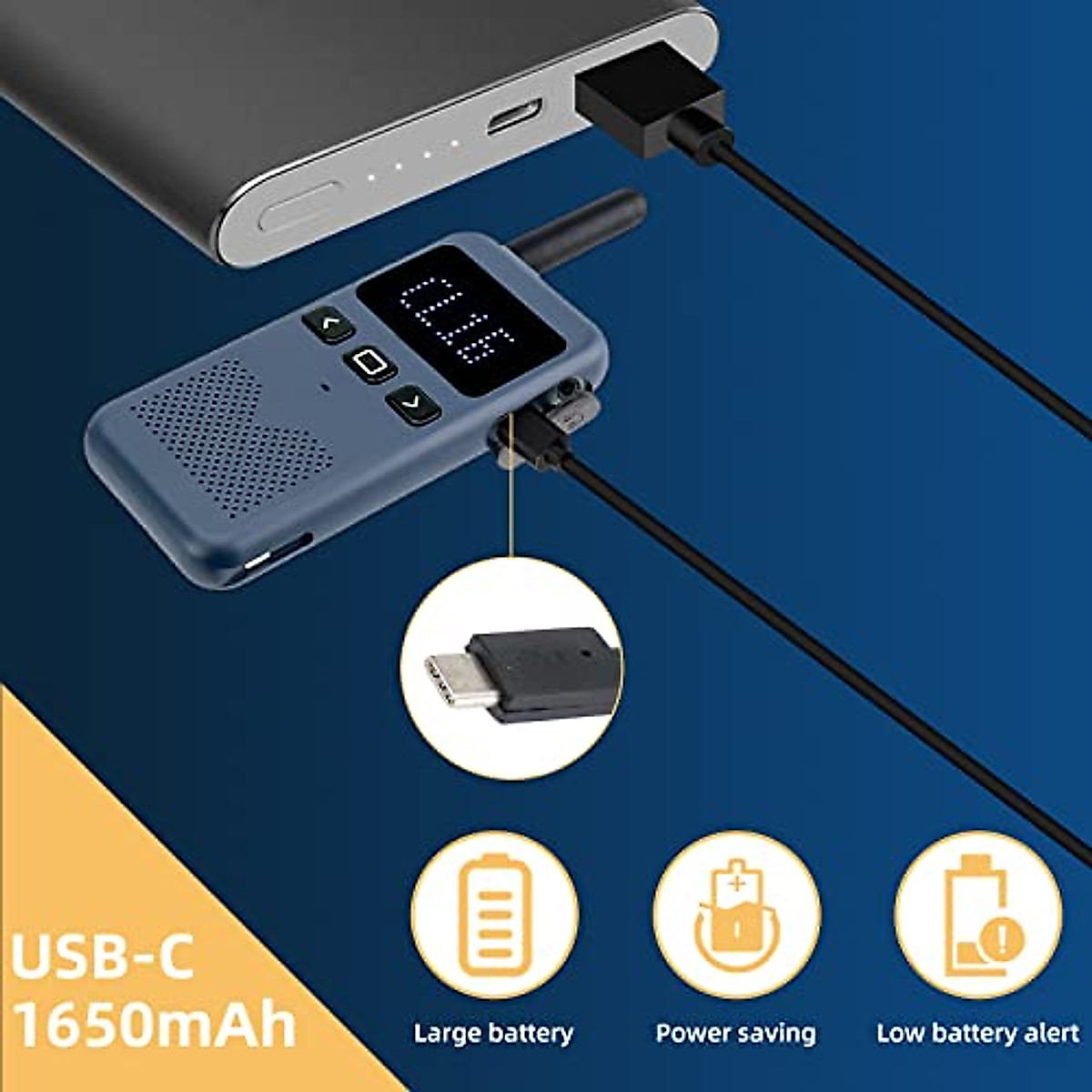 Retevis RB19 Walkie Talkies, Ultra-Slim Two Way Radios Rechargeable, USB-C,1650mAh Battery, Dot Matrix Screen,Handsfree 2 Way Radio for Clinic Small Business Office Easter Basket Gifts Skiing(3 Pack)