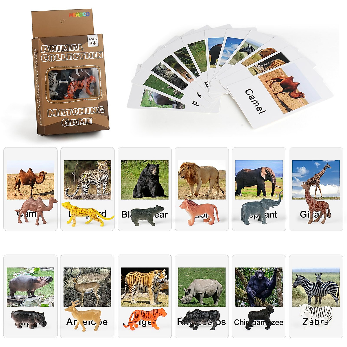 MEROCO Montessori Zoo Safari Animal Match - Miniature Figurines with 2 Part Matching Cards Montessori Language Materials Preschool Learning Toy NEWTT004