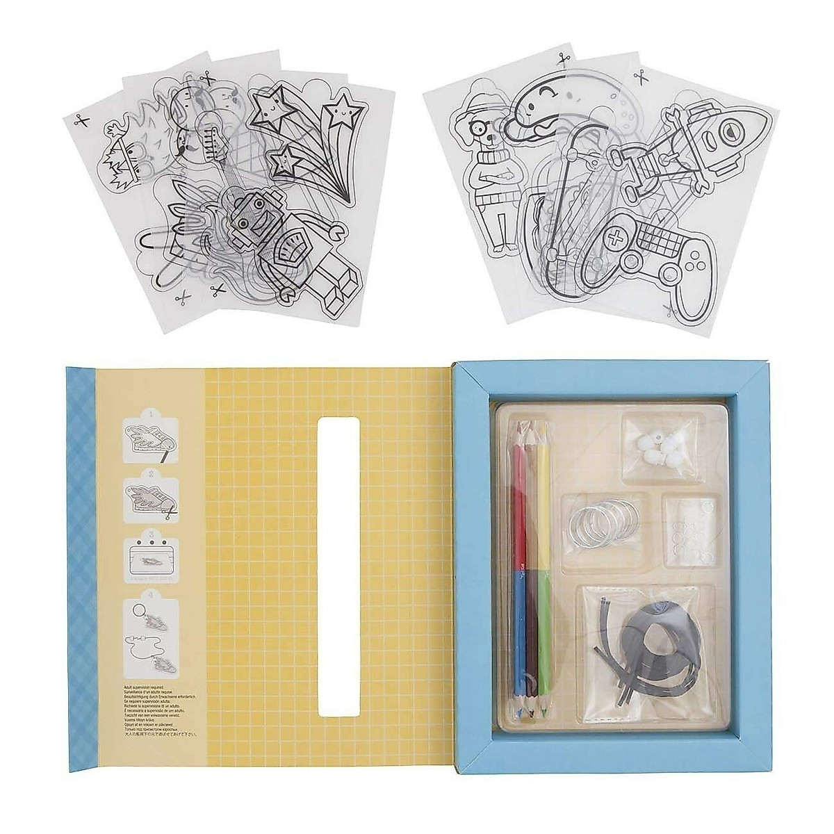 Big Game Toys~Ultimate Shrinkies Shrinky Art Shrink Film Kit Boy Dinks Zipper Pull Keychain Space Ship, Skate Boards, Robots, Guitar, Ice Cream