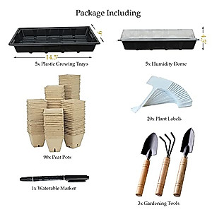 UTYLNE Seed Starter Kit with 90 Peat Pots for Seedlings Seed Starter Tray, 5 Plastic Growing Trays 20 Plant Labels & 3 Garden Tools Outdoor or Indoor