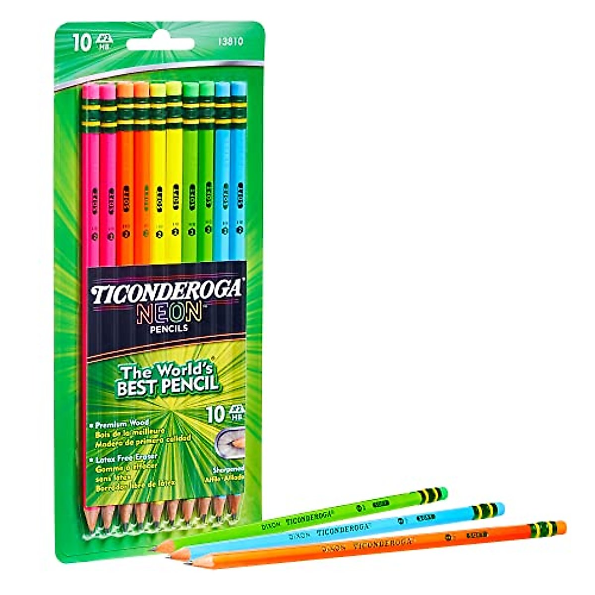 Ticonderoga Wood-Cased Pencils, #2 HB Soft, Pre-Sharpened, Neon, 10 Count (X13810)