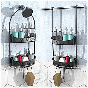 EMT ETRENDS Shower Caddy Hanging, Anti-Swing Over Head Shower Caddy Rustproof, Over the Door, Plastic Bathroom Organizer, Multiple Hanging Modes Shelf with Hooks and Suction Cups, Matte Grey