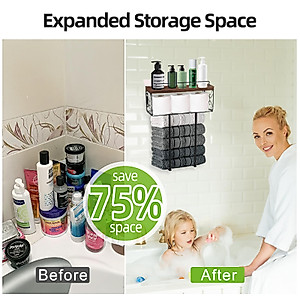 Towel Racks for Bathroom,Wall Mount Towel Holder with Natural Wood Shelf, Floating Shelves with Wire Basket, Towel Storage for 4 Rolled Towels, Space Saver, Multiple Storage, Rustic Wall Shelf Decor