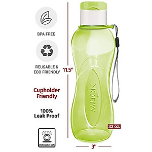 MILTON 32 oz. Large Water Bottle 4 Set Sports Water Bottles for Kids Adults Reusable Water Bottle Plastic Wide-Mouth BPA Free Leak-Free Lightweight Drink Bottle with Carry Strap Hiking Gym Bike Travel