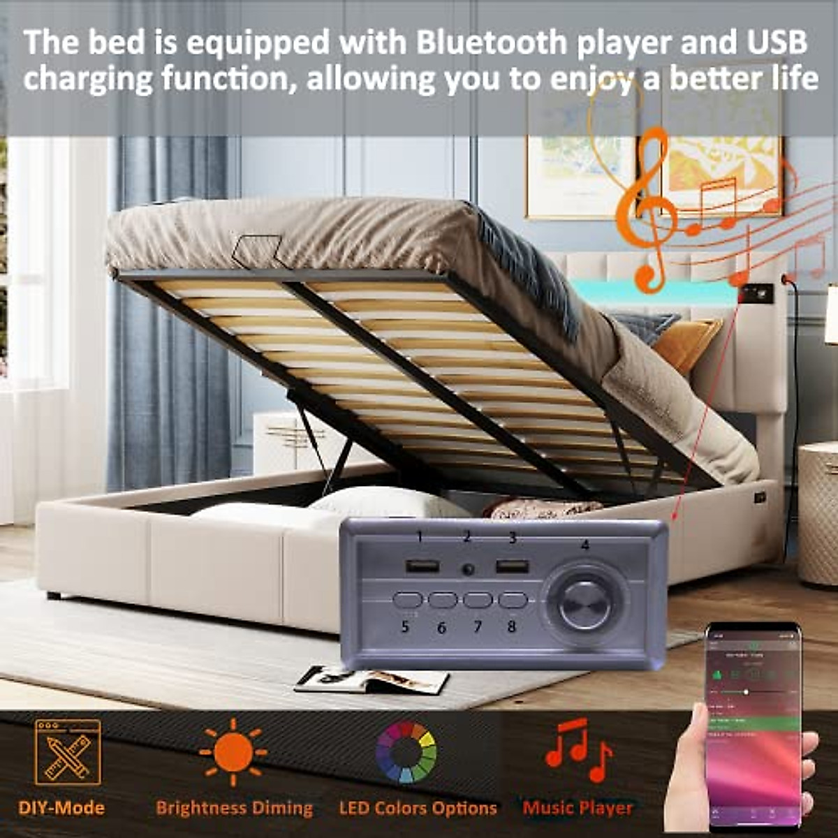 LUMISOL Lift Storage Bed Queen Size, Upholstered Platform with LED Light Bluetooth Player and USB Charging Tufted Headboard, Bed Frame with a Hydraulic Storage and Slat Support, Beige