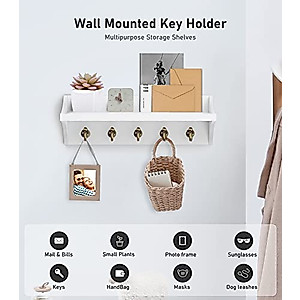 buways Key Holder for Wall-Farmhouse Key and Mail Holder for Wall with 5 Rustic Key Hooks,Wall Key Holder Rack with Shelf Décor for House Entryway（White
