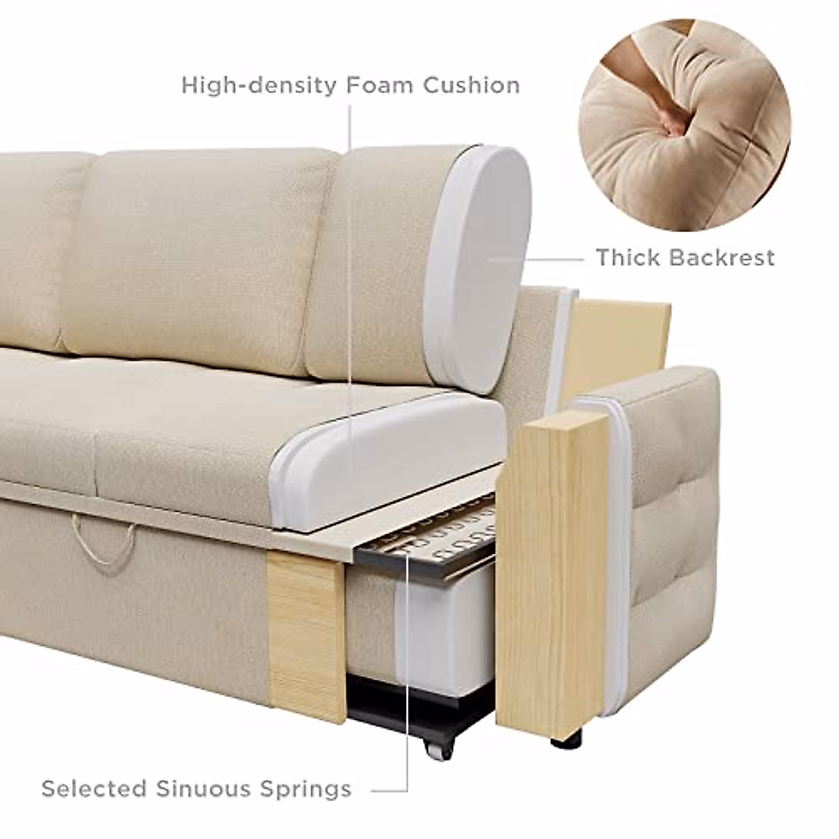 PaPaJet Pull Out Sofa Bed, Modern Tufted Convertible Sleeper Sofa, L Shaped Couch with Storage Chaise, Chenille Sectional Bed for Living Room (Beige)