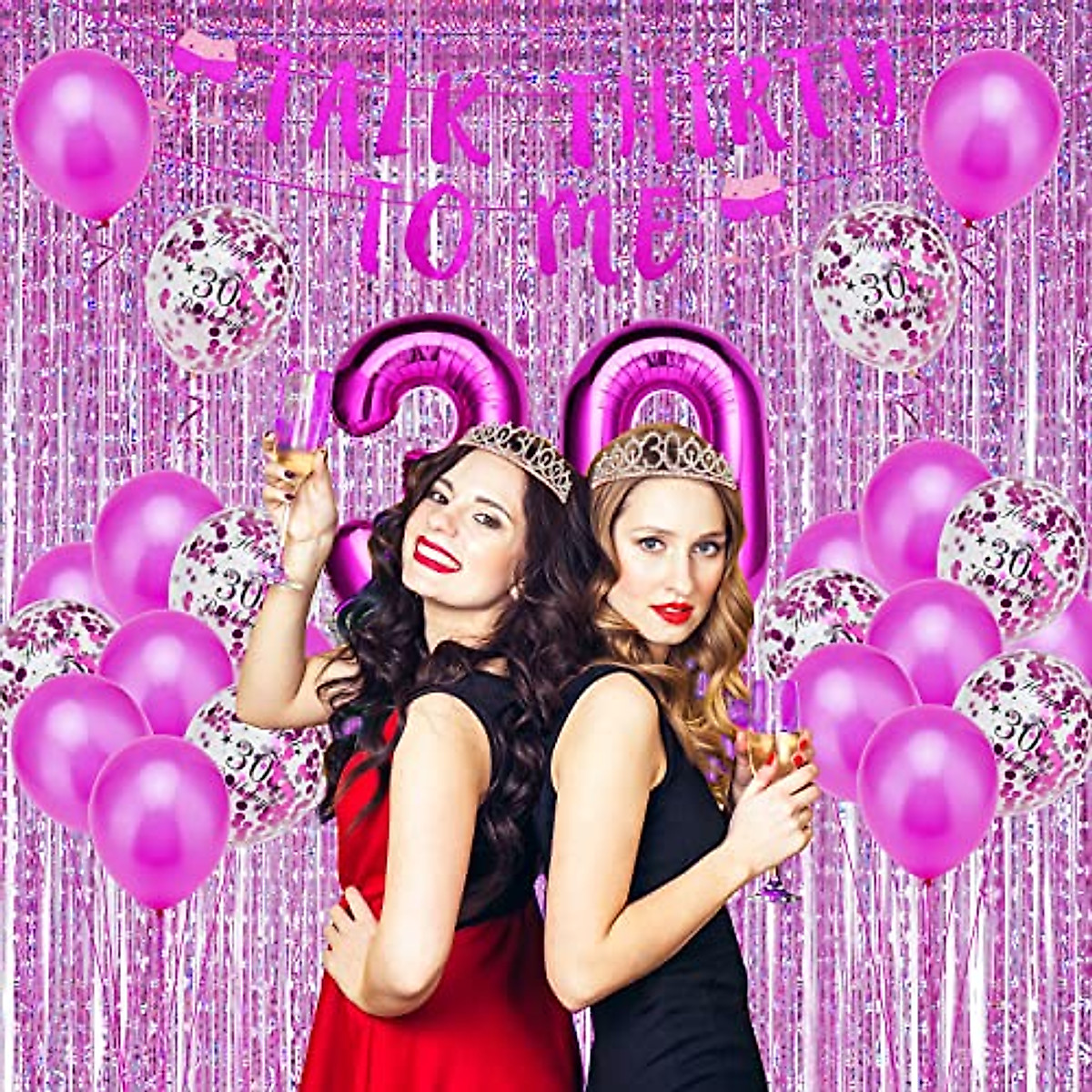 30th Birthday Decorations for Women, Hot Pink 30 Birthday Decorations for Her, Talk Thirty to Me Banner,Crown, Sash, Cake Topper and Number Balloon, 30th Birthday Party Supplies for Women