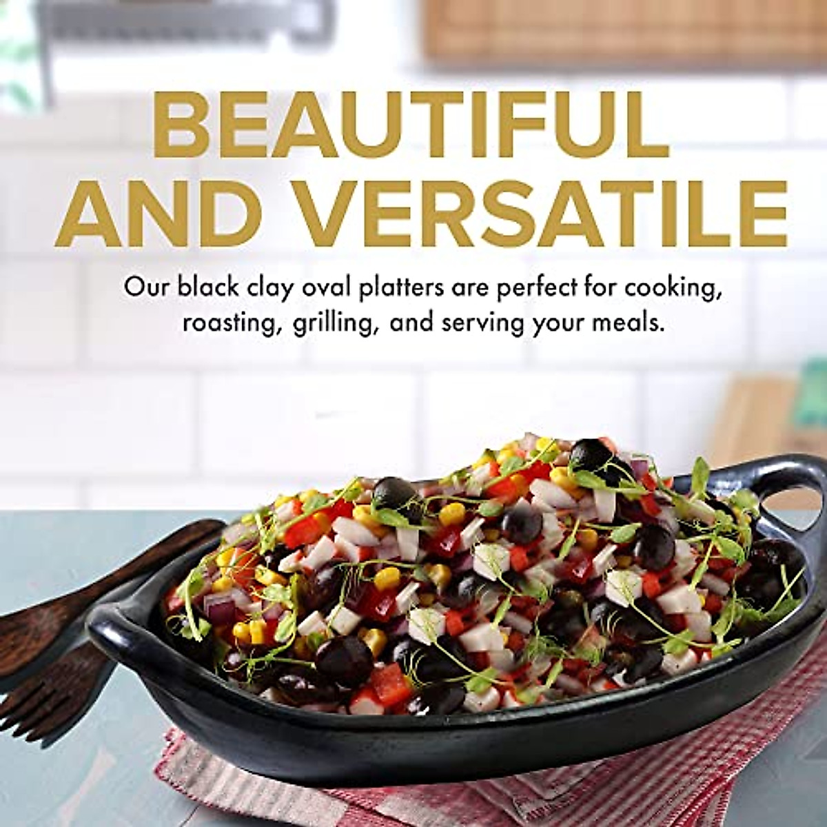 Toque Blanche Authentic Chamba Black Clay Oval Platter - Clay Serving Platter with Handles - Serving Platters and Trays for Parties - 12"