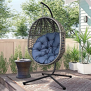 X-Large Luxury Outdoor Hanging Egg Chair with Stand, Heavy Duty Wicker Porch Swing Sets for Outdoor Patio Balcony Garden Decoration, All-Weather Egg-Shaped Hammock Swing Chair with Navy Blue Cushion
