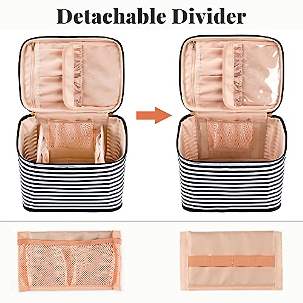 OCHEAL Makeup Bag,Large Travel Makeup Bag Organizer Cosmetic Bags for Women Washable Make Up Bag Makeup Organizer Case with Dividers - Black/White Stripes