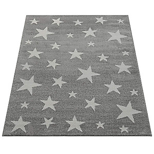 Kids Room Rug Starry Sky Design Star Trend for Playroom Pastel in Grey White, Size:5'3" x 7'3"