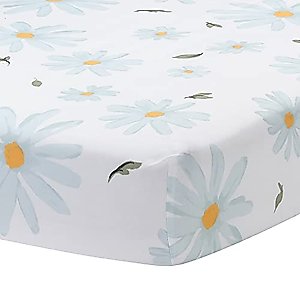 Lambs & Ivy Sweet Daisy 100% Cotton White/Blue Floral Baby Fitted Crib Sheet