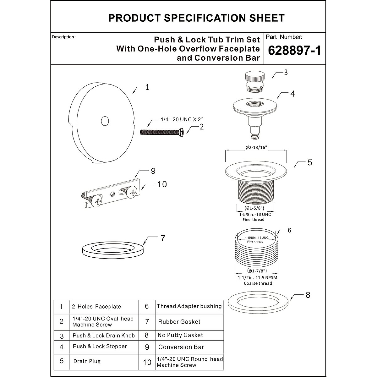 Artiwell Push & Lock Tub Trim Set with Single-Hole Overflow Faceplate, Bathtub Conversion Kit Assembly with Conversion Bar, Universal Fine/Coarse Thread, No Putty Installation (Brushed Gold)