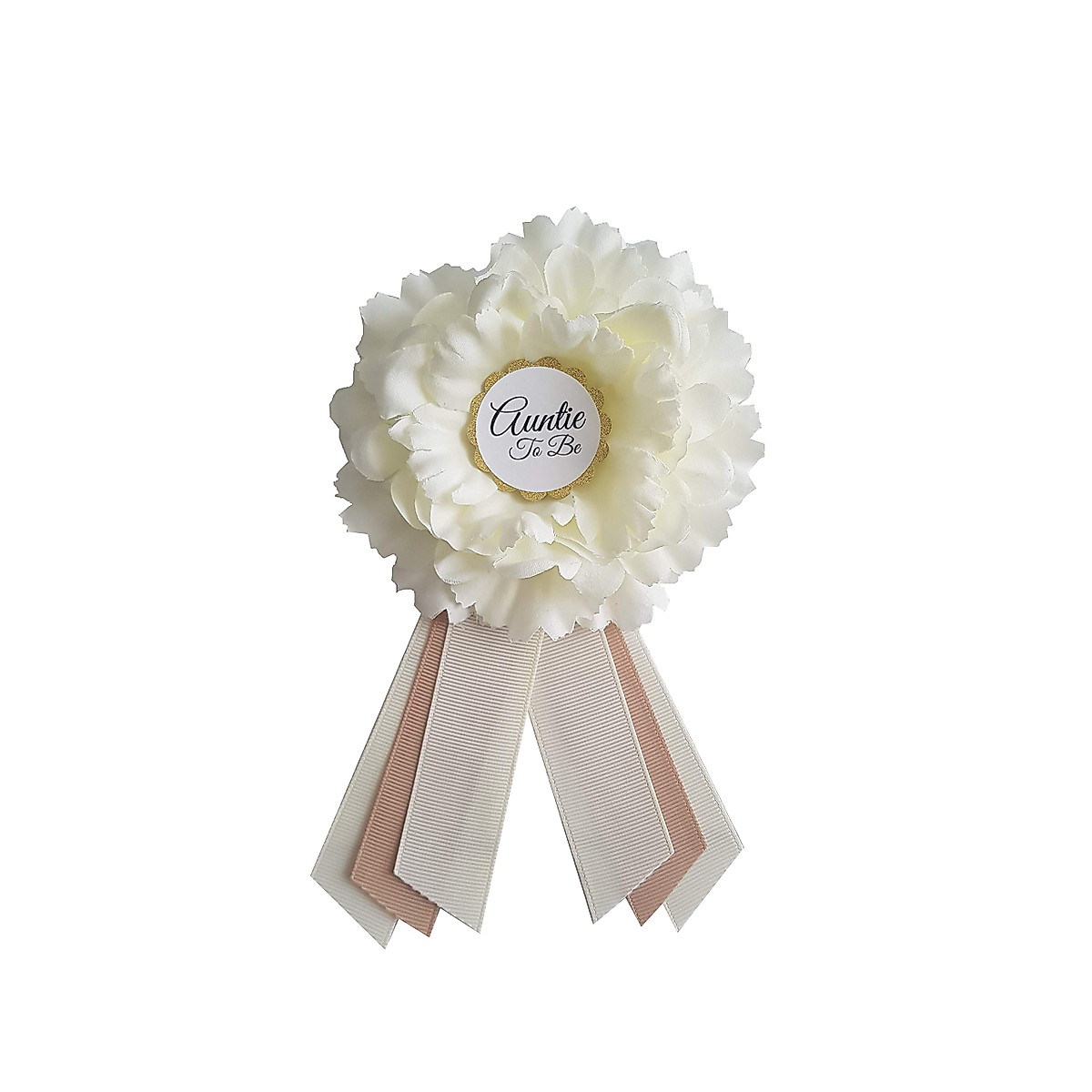 Mom To Be Sash and Dad To Be Pin By LMC | Baby Shower Belly Sash and Corsage | USA Handmade | Heat Sealed Ends | Ivory and Beige (Auntie to be pin)