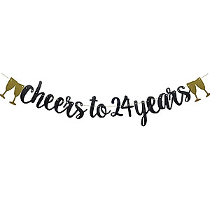 Cheers To 24 Years Banner,Pre-Strung, Black Paper Glitter Party Decorations For 24TH Wedding Anniversary 24 Years Old 24TH Birthday Party Supplies Letters Black Betteryanzi