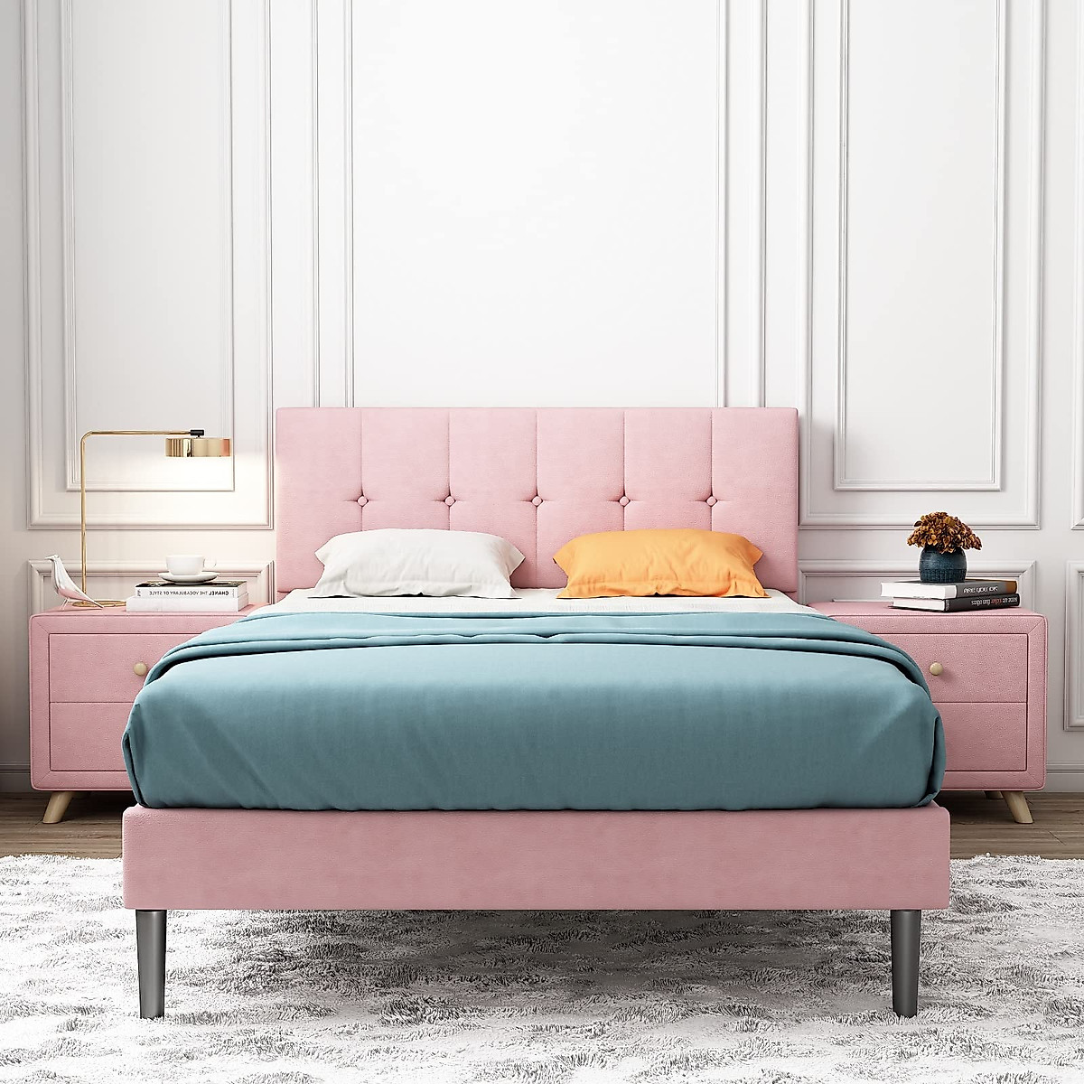 Lijimei Full Size Velvet Upholstered Platform Bed Frame, Pink, Wood Slats, Steel Frame