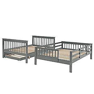BIADNBZ Full Over Full Bunk Bed with Twin Size Trundle, Storage Stairs and Guard Rail, Solid Wood Detachable BunkBed Frame for Teen/Adults Bedroom, Gray