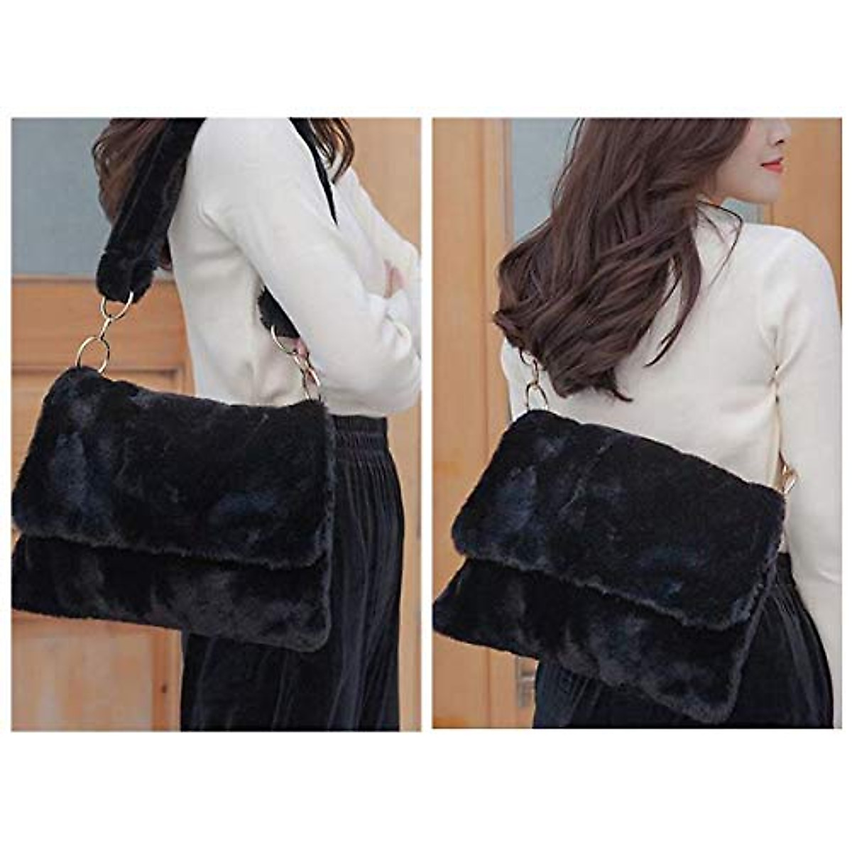 Women Soft Faux Fur Shoulder Bag Fuzzy Leopard Print Handbags Plush Tote Bags Clutch Purse (Black)