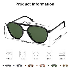 SOJOS Retro Aviator Polarized Sunglasses for Women Men Double Bridge Ladies Shades SJ2078 with Matte Black Frame/Green Lens