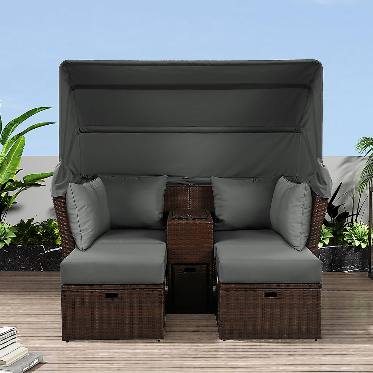 P PURLOVE Outdoor Loveseat Chaise Lounge with Canopy, 2-Seater Outdoor Patio Double Daybed with Foldable Awning and Cushions, Outdoor Loveseat Sofa Set for Lawn, Garden, Backyard, Porch Pool (Grey)