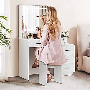 SMOOL 47" Large Vanity with Sliding Lighted Mirror, Makeup Vanity Desk with Power Outlet, 3 Color Lighting Modes Adjustable Brightness, Vanity Table Set with Movable 3-Drawer Chest and Shelves, White