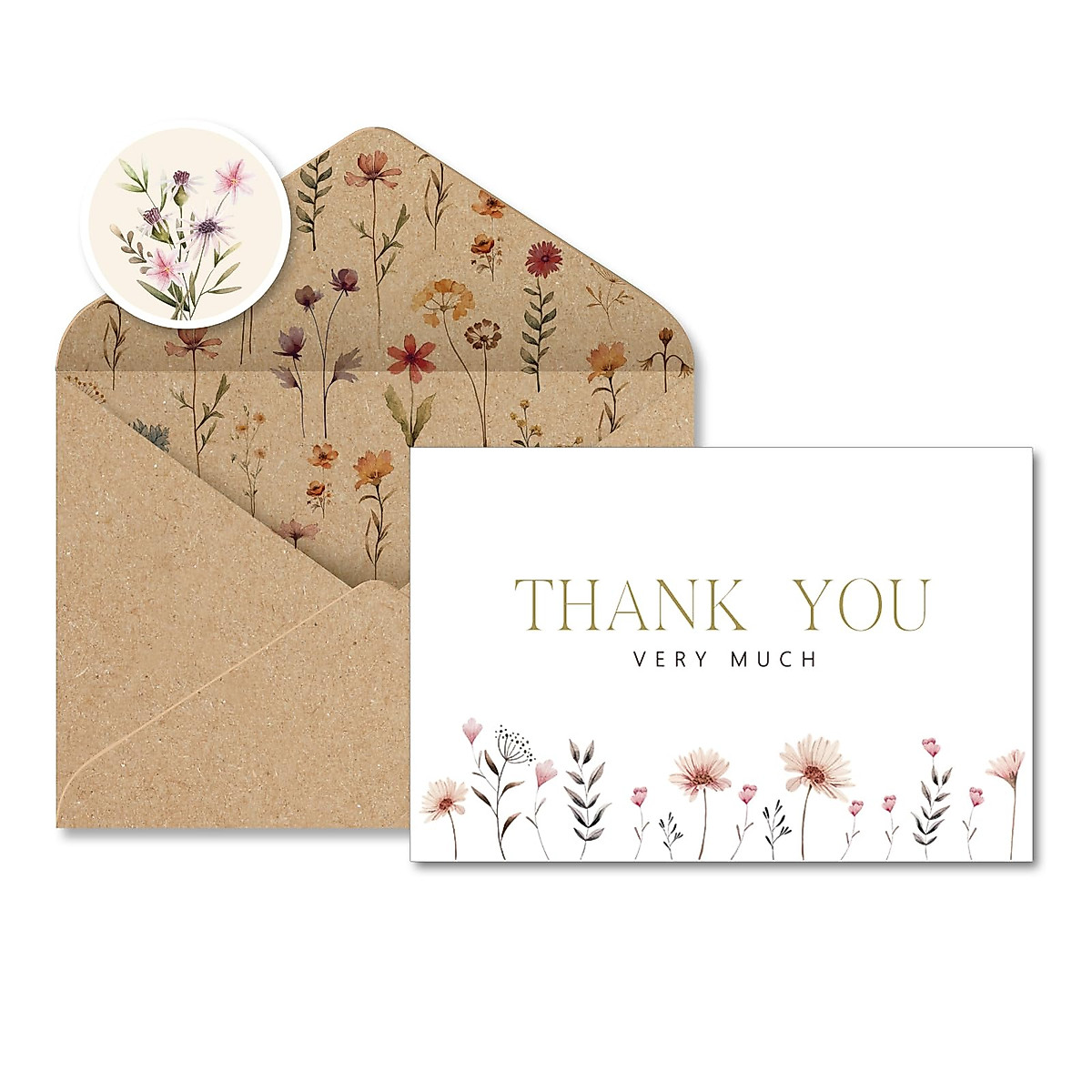 Minzerus Floral Thank You Cards With Envelopes - Bulk 24 Pack Flower Greeting Cards with Kraft Envelopes and Floral Stickers - for Birthday Wedding Baby Shower Bridal Shower, 4 x 6 Inch