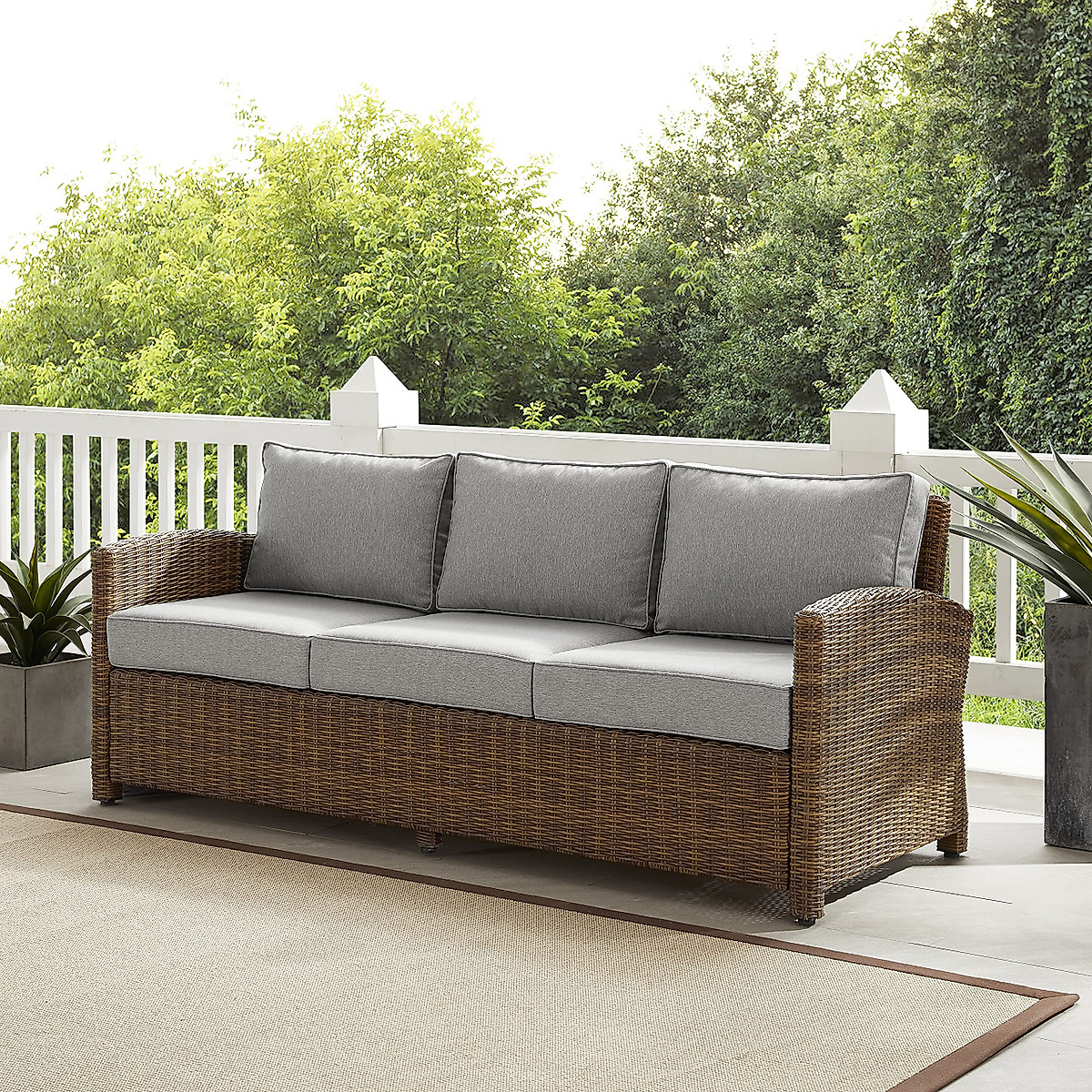 Crosley Furniture Bradenton Wicker Outdoor Sofa, 3-Person Patio Couch for Porch, Deck, Backyard, Brown with Gray Cushions