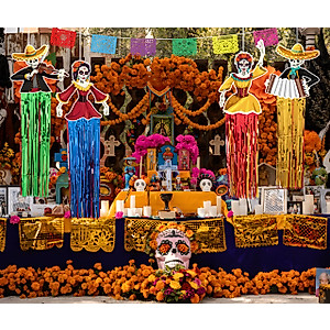 6Pcs Day of The Dead Decorations Sugar Skull Hanging Decor - Dia De Los Muertos Papel Picado Banner Mexican for Halloween Party Home Outdoor Decoration