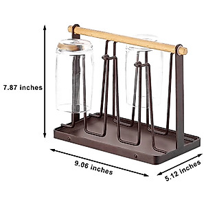 BYFU Cup Drying Rack Stand with Drain Tray, Metal Bottle Drying Organizer with Wood Handle for 6 Cups or Mugs