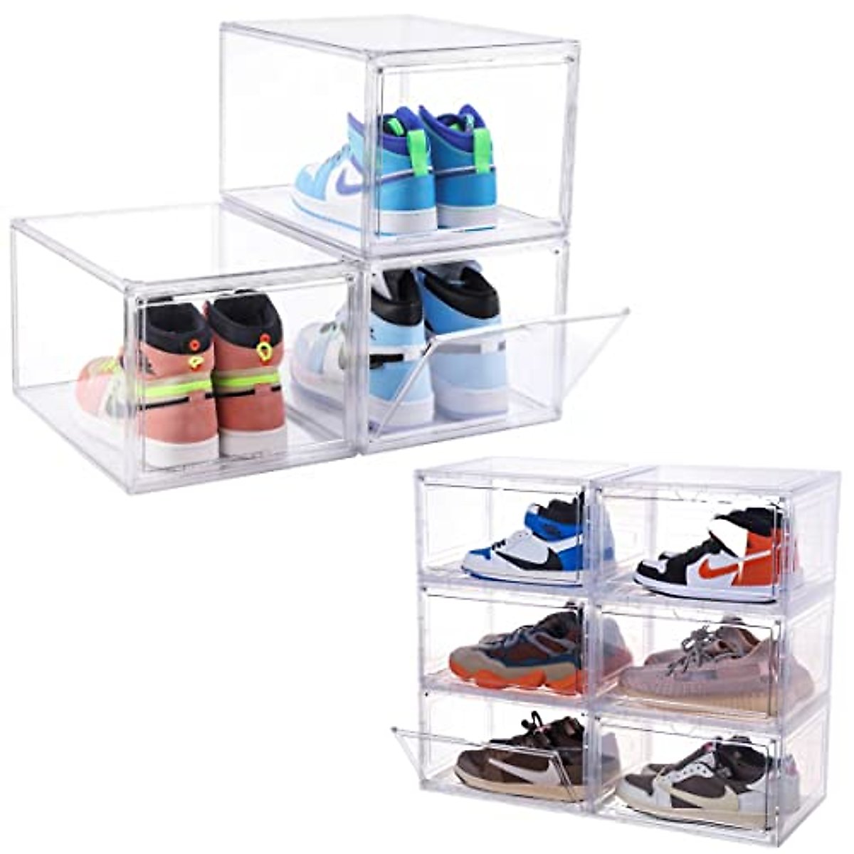 Attelite 3 Pack X-Large Drop Front +6 Pack Large Side Open Clear Plastic Shoe Organizer Box, Stackable Shoe Containers for Display Sneakers