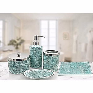 LushAccents Bathroom Accessories Set, 5-Piece Decorative Glass Bathroom Accessories Set, Soap Dispenser, Soap Tray, Vanity Tray, Jar, Toothbrush Holder, Elegant Seafoam Green Mosaic Glass
