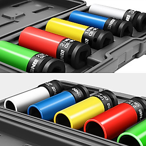 DNA MOTORING TOOLS-00156 5-Pieces 1/2-Inch Drive Wheel Protector Impact Deep Socket Set - 15mm 17mm 19mm 21mm 22mm, Cr-V, White,blue,red,yellow,green