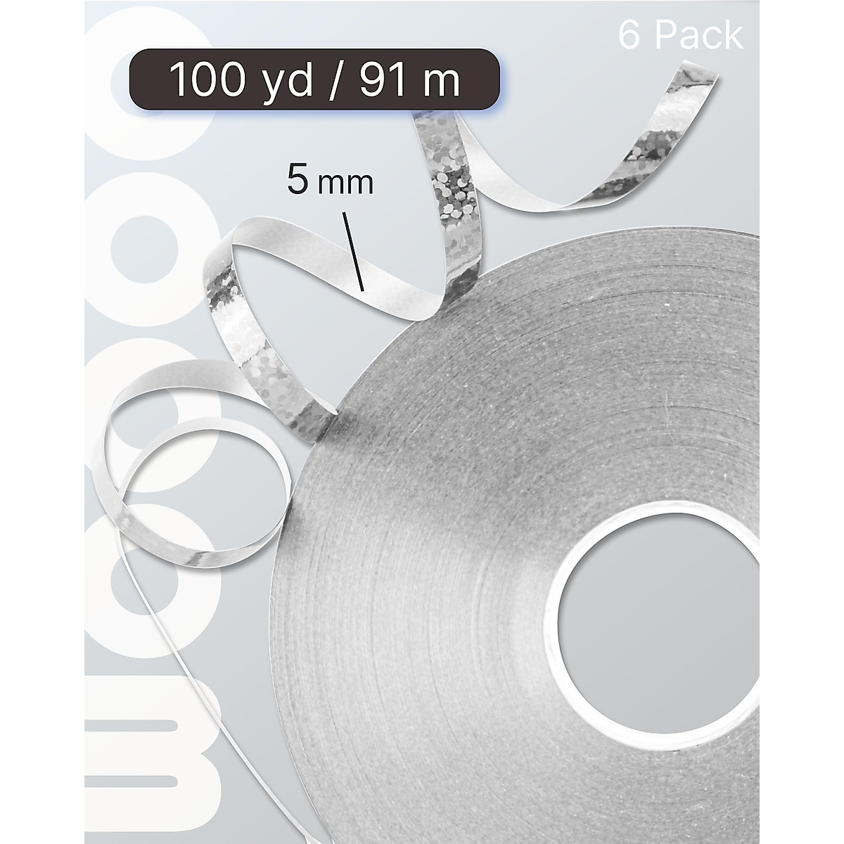 PartyWoo Silver Ribbon, 600 Yards Curling Ribbon for Balloons, Iridescent Crimped Ribbon, Shiny Curling Ribbon for Craft, Ribbon for Gift Wrapping, Wedding, Florist Flower (6 Rolls, 100 Yards/Roll)