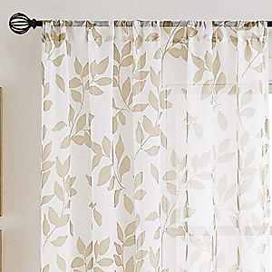 Leaf White Sheer Curtains for Living Room Bedroom 84inches Long Taupe Leaves Print Light Filtering Rustic Window Curtain Panels Botanical Linen Textured Look Drapes for Garden Patio Office 50” w 2pcs