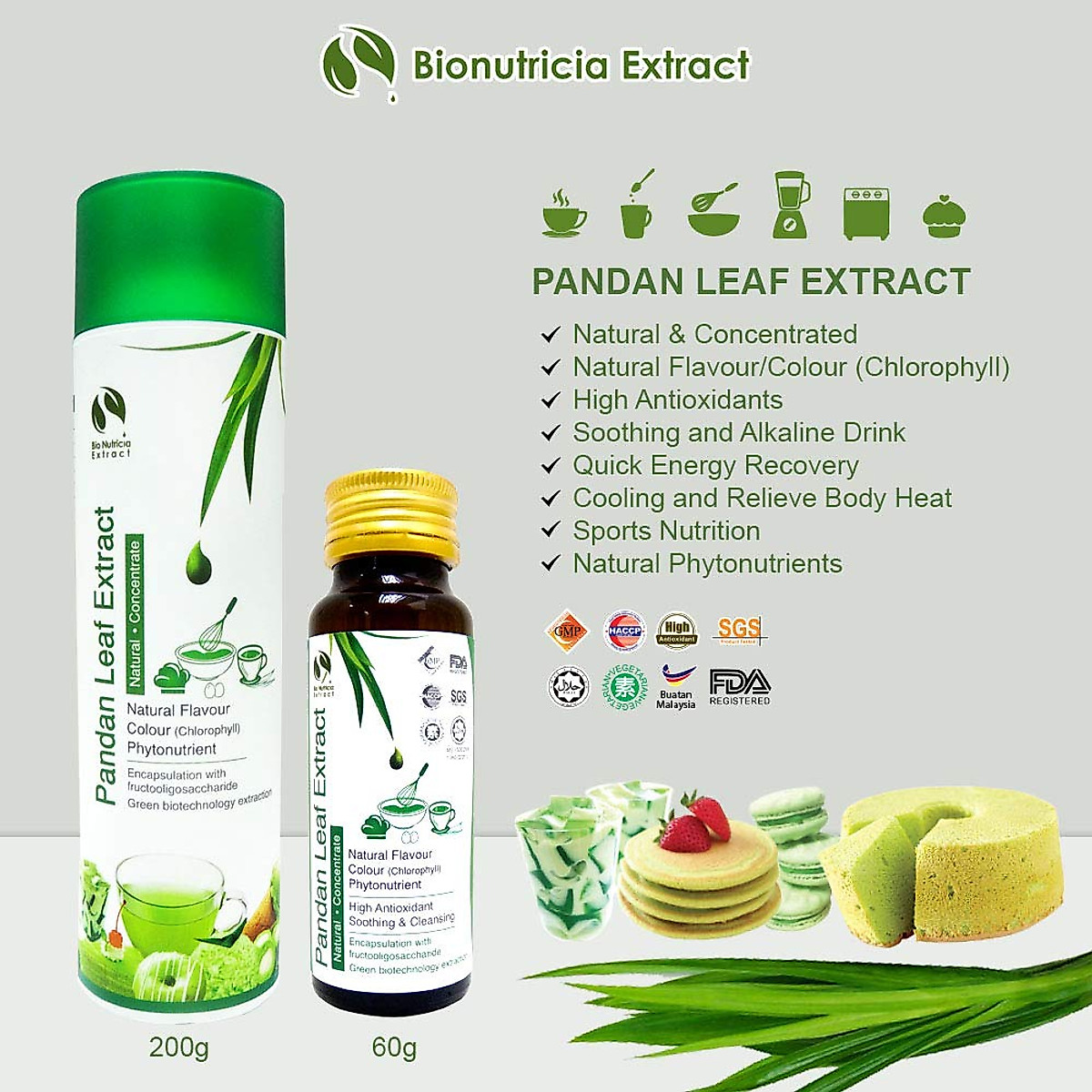 Vanilla of the East, Fresh Natural Asian Gourmet Baking Ingredient, Natural Flavor, Natural Color Chlorophyll of Pandan Leaf Extract Concentrate for Bakery & Beverage (200g) 2 Bottles LY