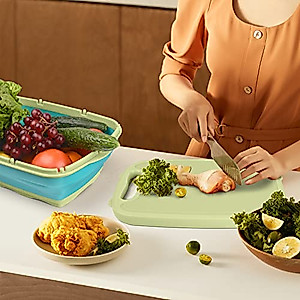 Collapsible Cutting Board, HI NINGER Foldable Chopping Board with Colander, 9-In-1 Multi Chopping Board Kitchen Vegetable Washing Basket Silicone Dish Tub for Camping, Picnic, BBQ, Kitchen-Green