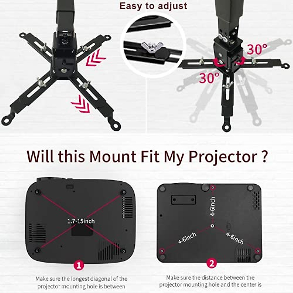 Tonalee Projector Mount Wall or Ceiling Projection Mount Bracket with Adjustable Height and Extendable Arms Mount for Home and Office Projector