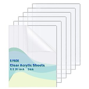 6Pcs Clear Acrylic Sheet, 8" x 10" x 0.08” Thick (Around 2mm) Transparent Acrylic Panel, Clear Plexiglass Sheets with Protective Film for Signs, DIY Display Projects, Christmas Presents, Craft