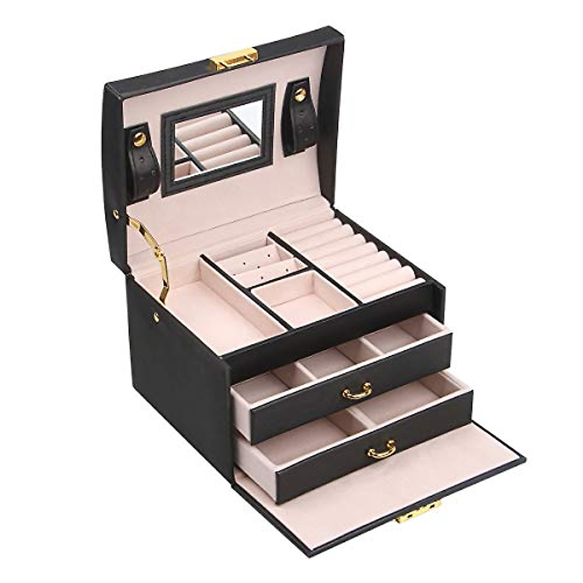 Jewelry Box 3-Layer Display Jewelry Box & Organizers with Lock and Mirror Portable Travel Jewelry Boxes for Women (Black)