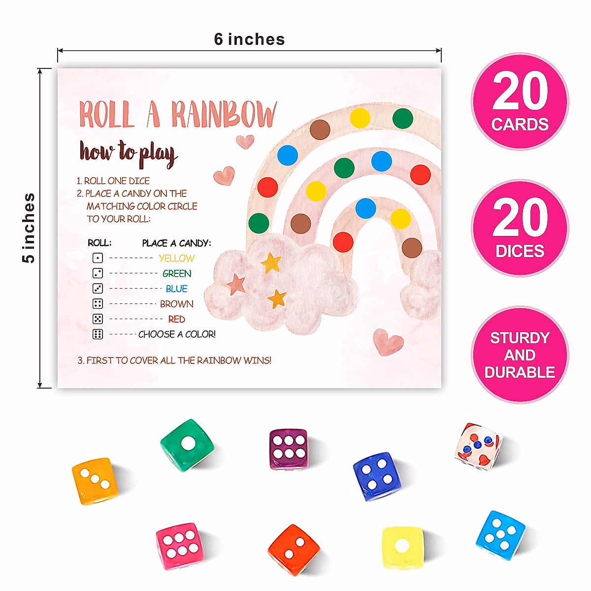 DYIRBIIY 5" x 6" Valentine's Day Party Kids Table Game | Rolling A Rainbow Roll The Dice Game| Valentines Day Dice Game for Kids | 20 Play Cards 20 Colored Dices -TZYX-A05