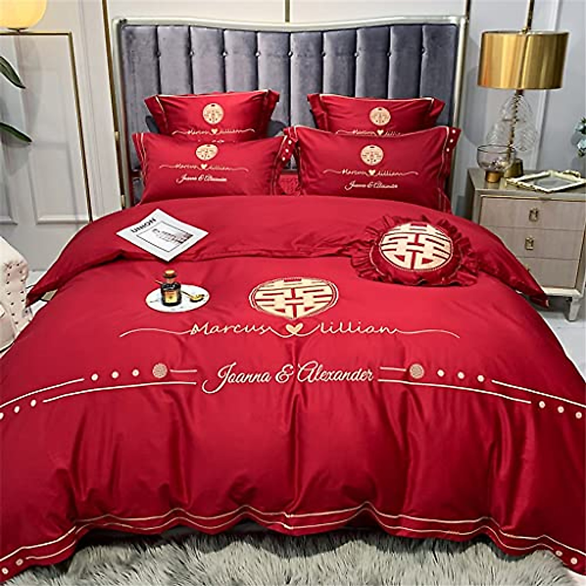OQHAIR 60 Long-Staple Cotton Double Happiness Embroidered Four-Piece Set Red Cotton Duvet Cover Bed Cover Wedding Simple Bedding (Color : B 5-Piece Suit, Size : 1.5m) (A 6 Piece Suit)